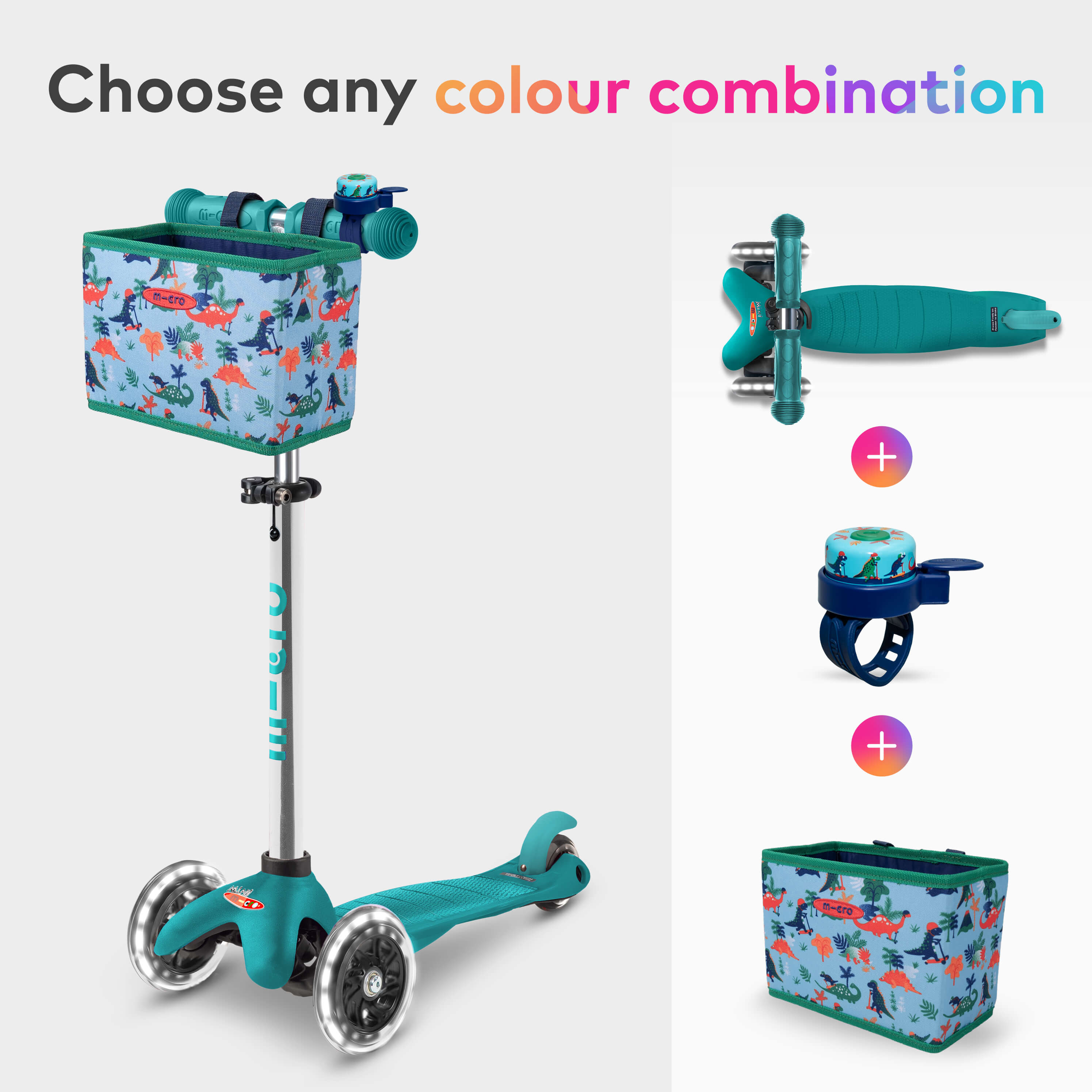 Mini Micro Plus LED, Bell and Foldable Basket Set | Micro Scooters